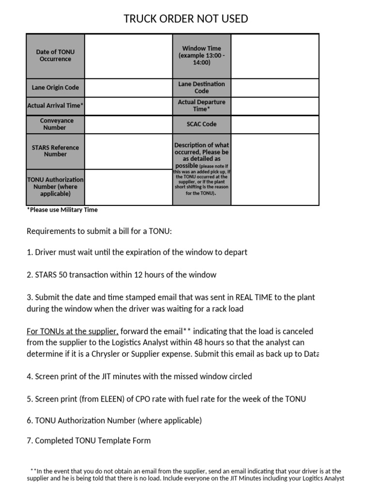 TONU Template - Updated 2 25 2015 | PDF | Motor Vehicle