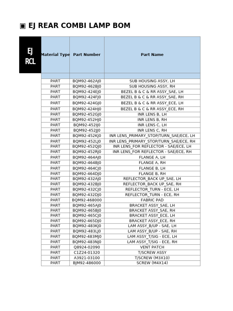 KM49 Rear Combi Lamp BOM Details | PDF | Vehicles