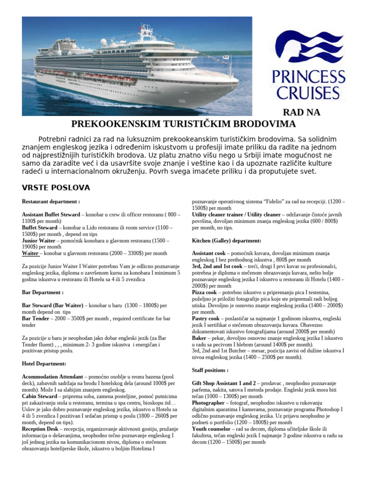 RAD NA PREKOOKENSKIM TURISTIu010CKIM BRODOVIMA - oglas | PDF