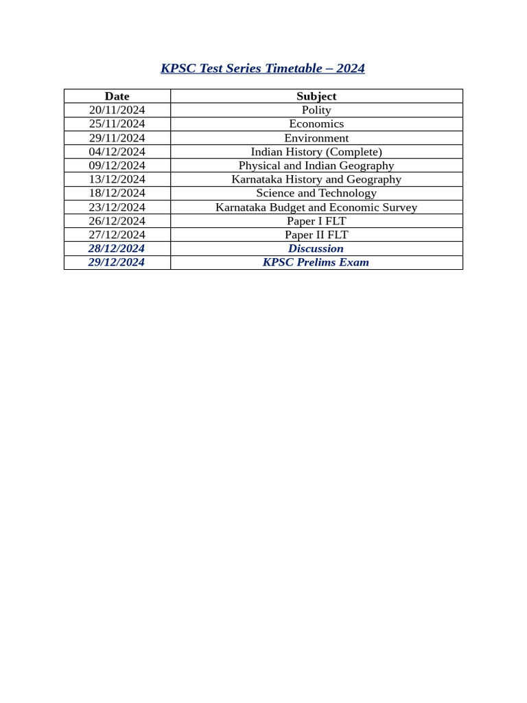 KPSC Test Series Timetable | PDF