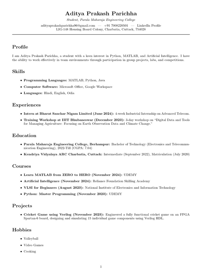 RenderCV EngineeringResumes Theme 1 | PDF