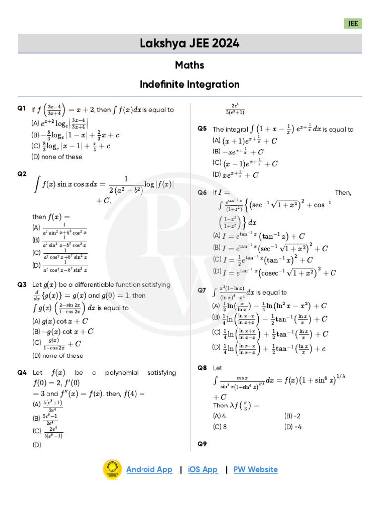 Indefinite Integrals - Practice Sheet - Lakshya JEE 2024 | PDF ...