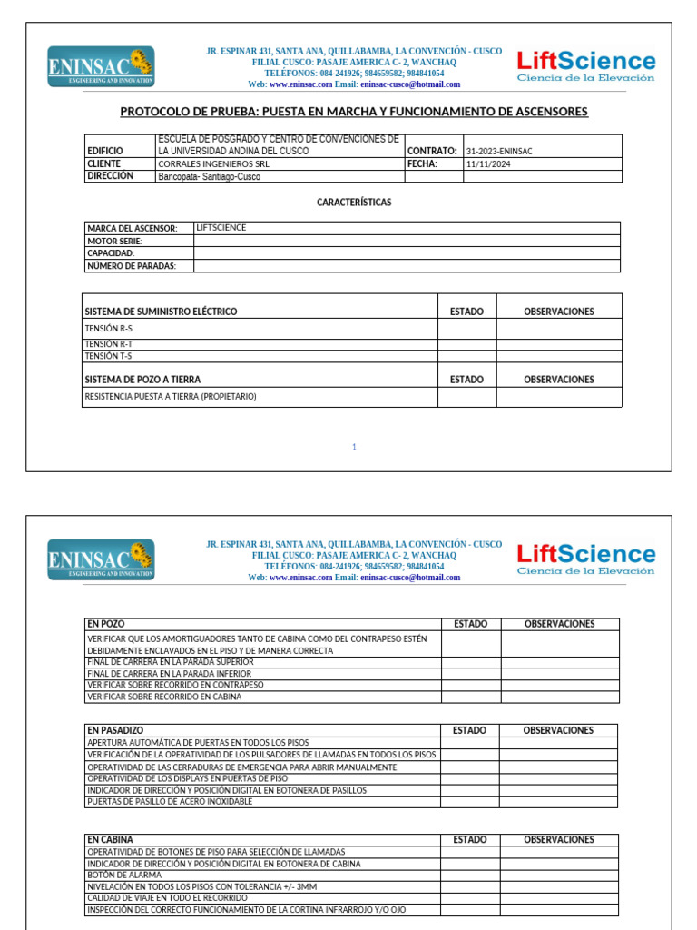 Protocolo de Prueba de Ascensores Cusco | PDF | Ascensor | Bienes manufacturados
