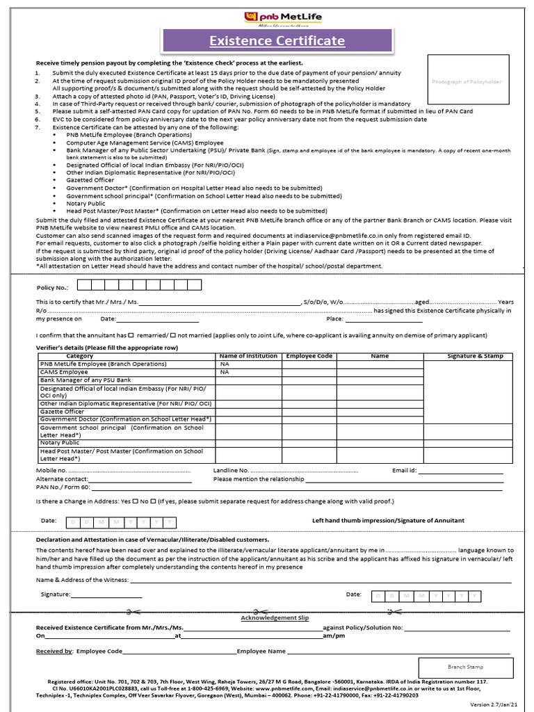 Existence Certificate Version 2.7 | PDF | Government And Personhood