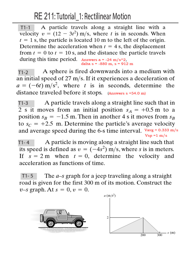RE 211 Tutorial - 1 - Rectiliner Motion | PDF | Dynamics (Mechanics ...