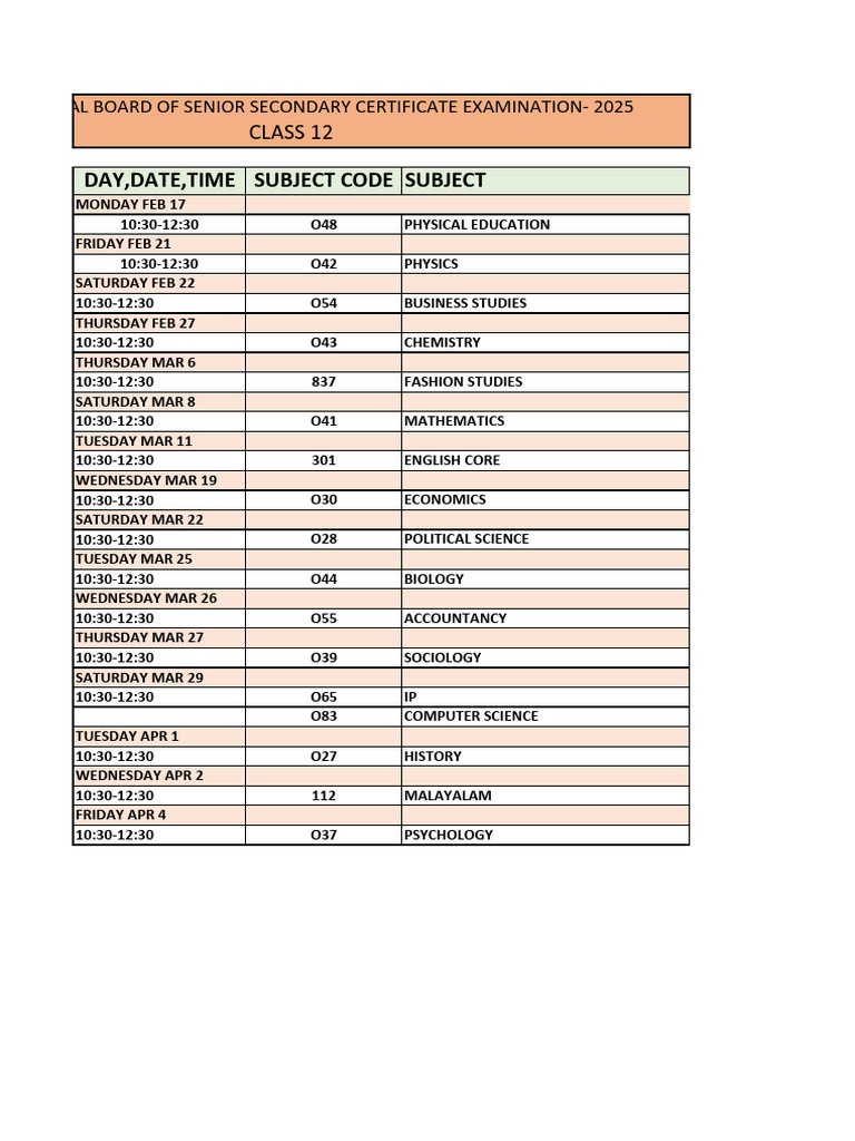 Board Date Sheet Grade12 | PDF