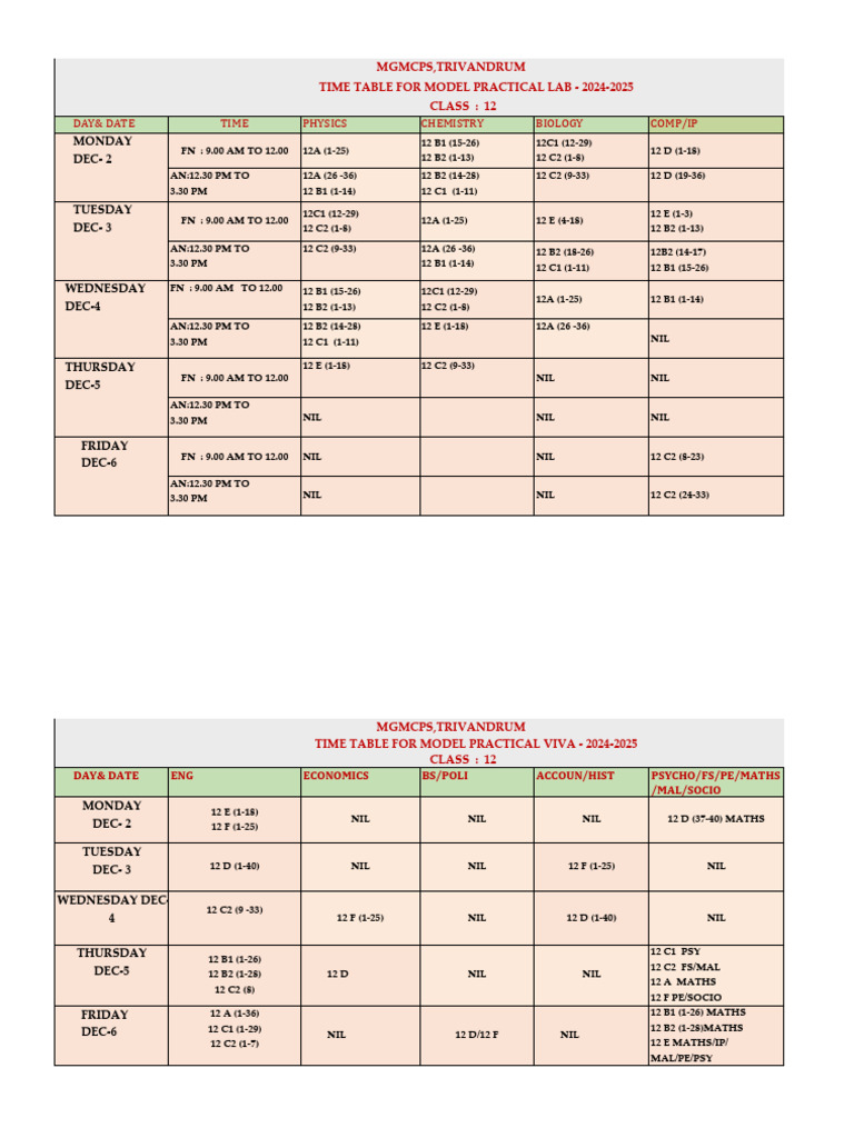 Class 12 Practical Lab Timetable 2024-25 | PDF