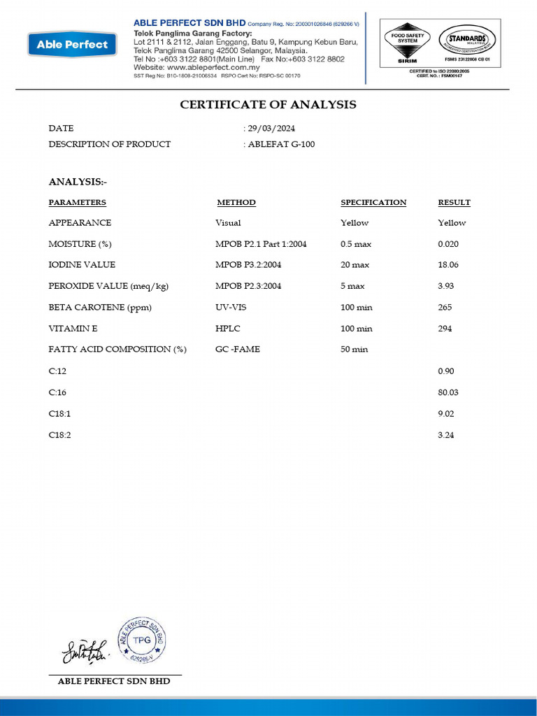 COA ABLEFAT G-100 | PDF