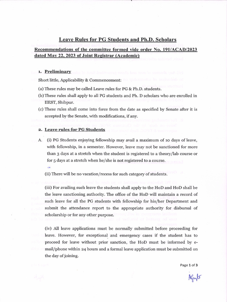 Leave Rules For PG Students and Ph.D. Scholars | PDF