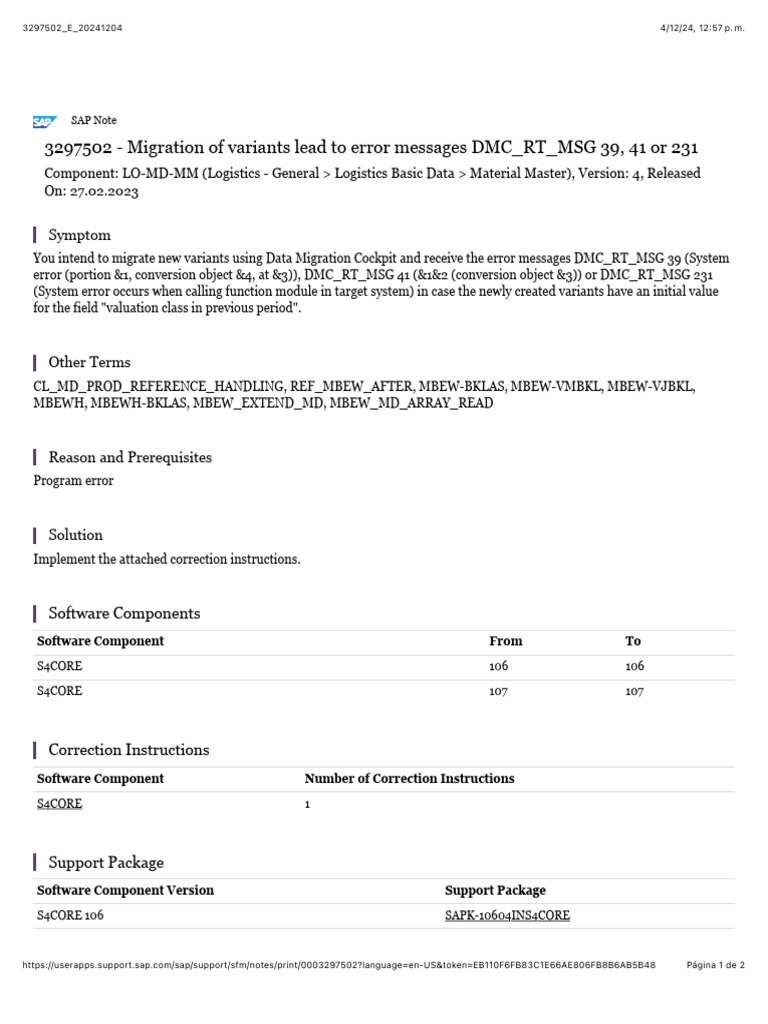 Migration of Variants Lead To Error Messages DMC - RT - MSG 39, 41 or 231 | PDF