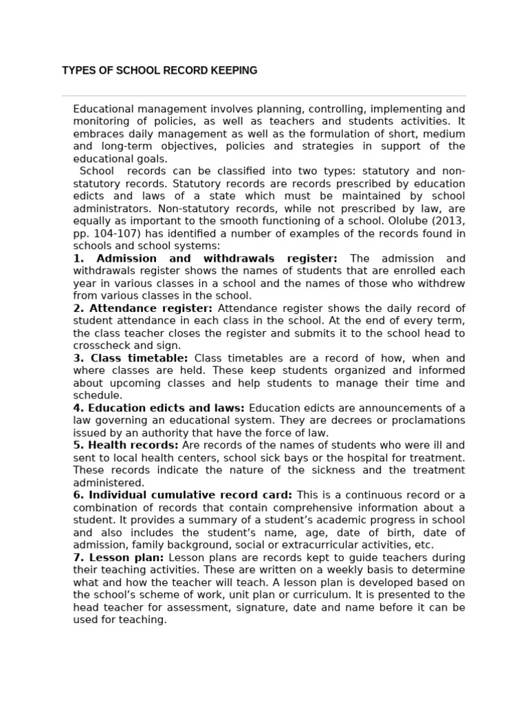 School Record Keeping Types Explained | PDF | Curriculum | Teachers