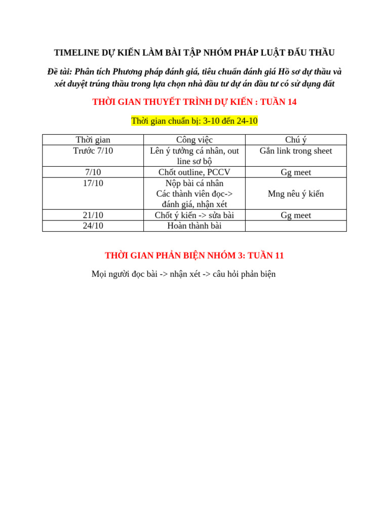 Timeline Dự Kiến Làm Bài Tập Nhóm Pháp Luật Đấu Thầu | PDF