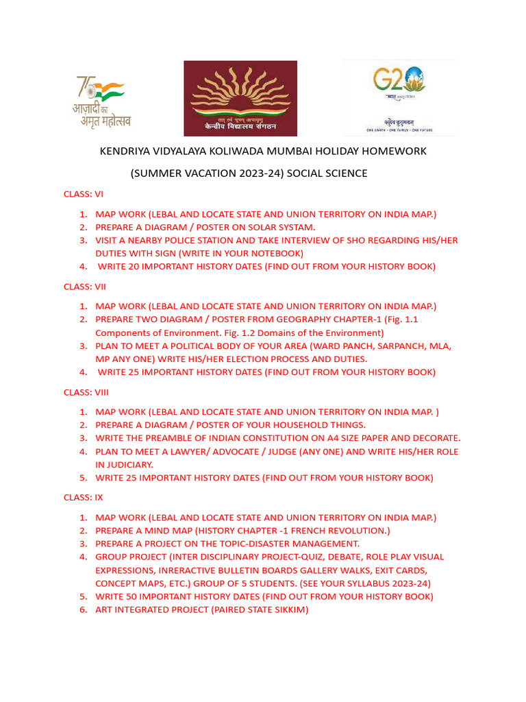 Holiday Homework 2023-24 | PDF