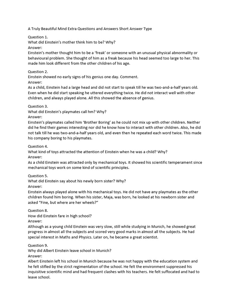 A Truly Beautiful Mind Extra Questions and Answers Short Answer | PDF ...
