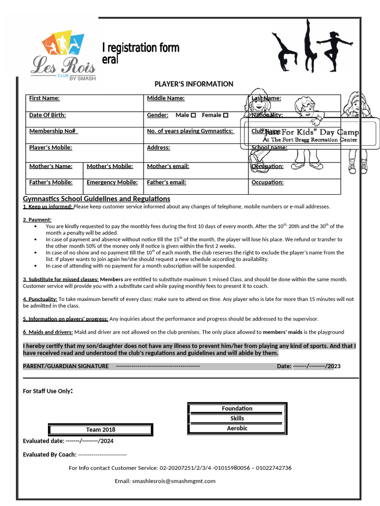 New Academy Gymnastics School Registration Form - General | PDF