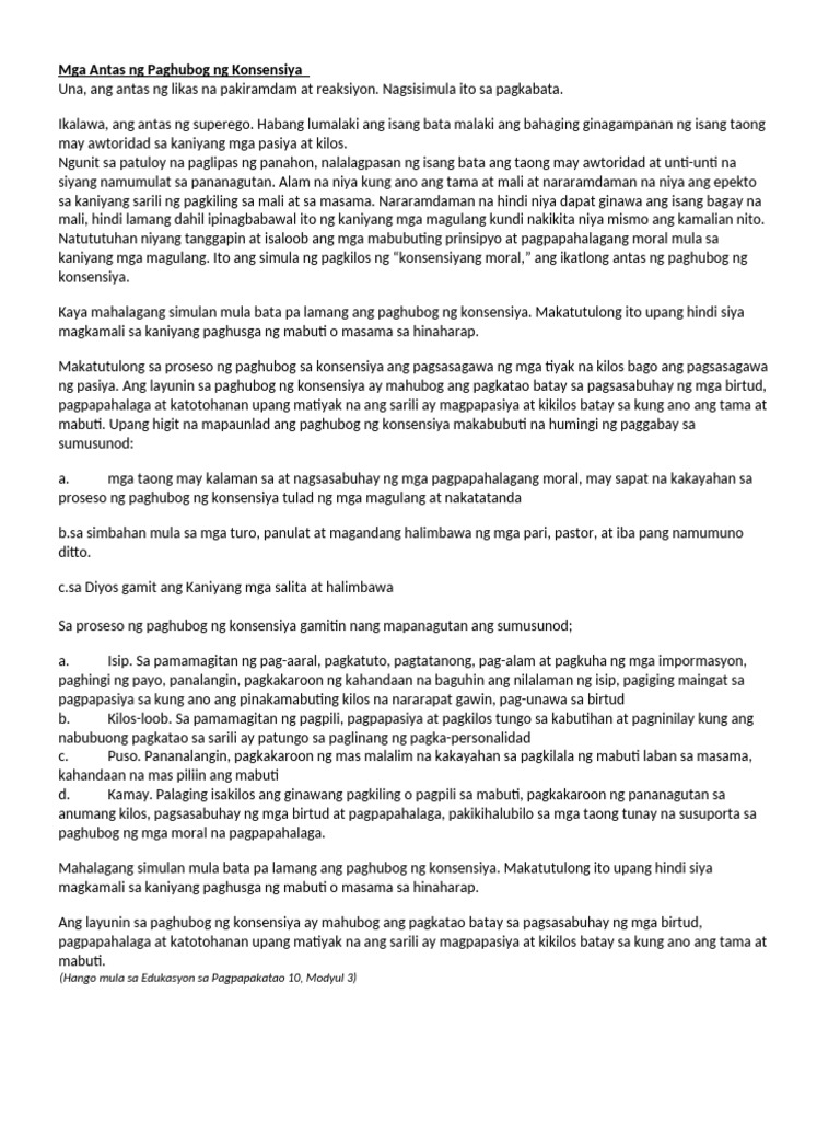 NOTES Mga Antas NG Paghubog NG Konsensiya | PDF