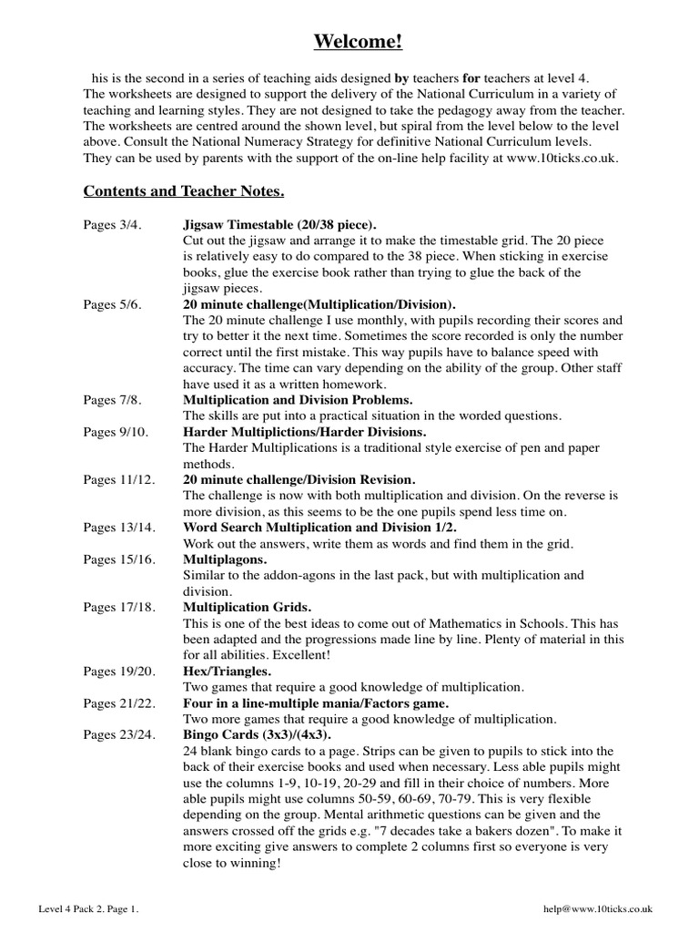 Level 4 Pack 2 | PDF | Teachers | Multiplication