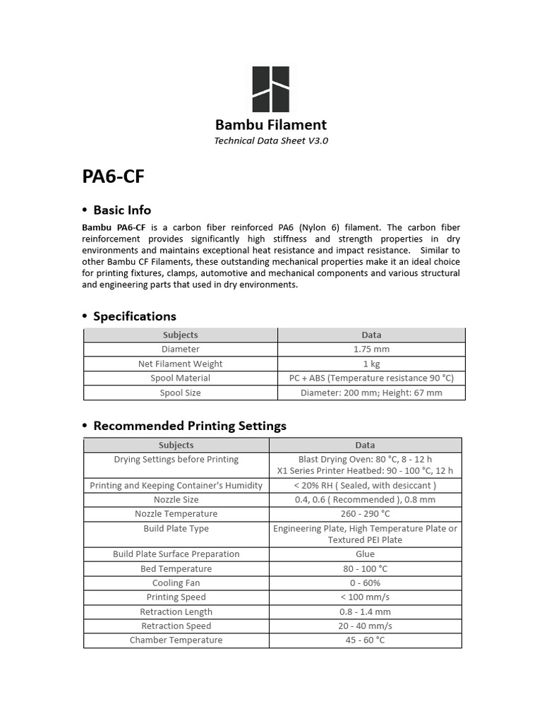 Bambu PA6-CF Filament Data Sheet | PDF | Fibers | Polymers
