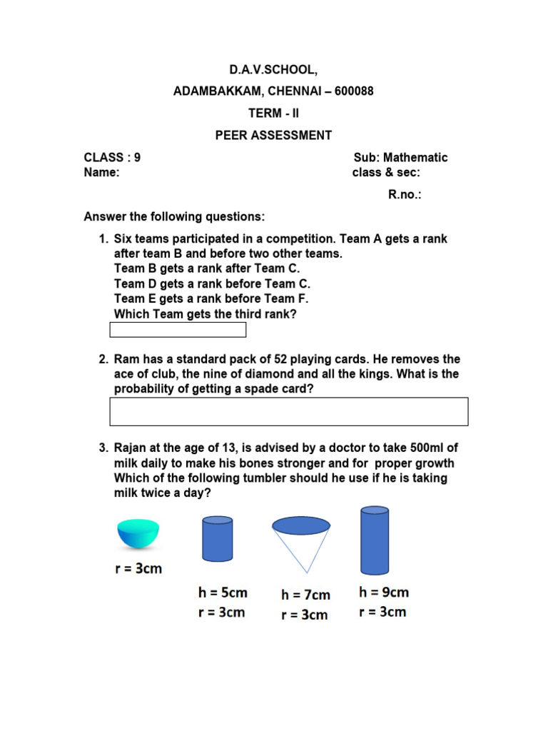 Class 9 Math Peer Assessment Questions | PDF