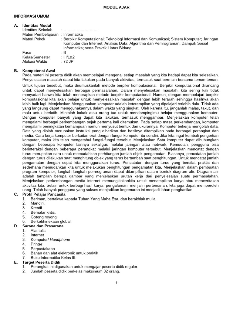 Modul Ajar 1 TIK | PDF
