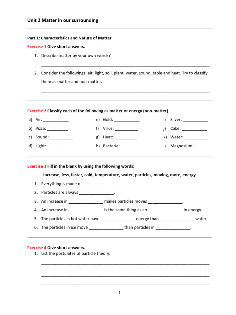 Unit 2 G. Science Grade 7 Part 1 Exercises | PDF | Matter | Gases