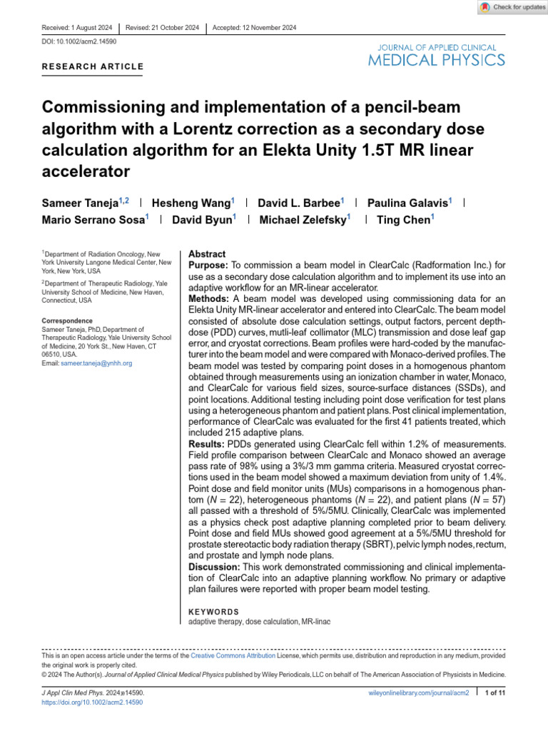 J Applied Clin Med Phys - 2024 - Taneja - Commissioning and Implementation of A Pencil Beam ...