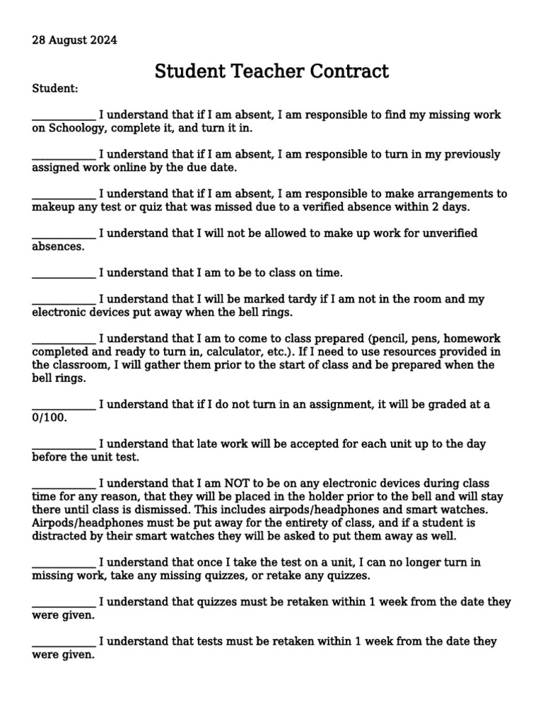 Student Teacher Contract Alg 1 | PDF