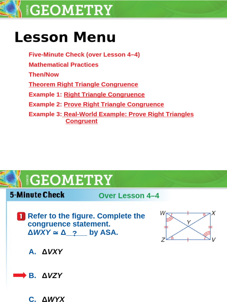 4-5 Lesson Presentation Proving Right Triangles Congruent | PDF | Mathematics | Elementary ...