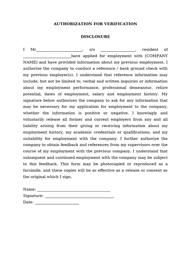 Authorization For Varification | PDF