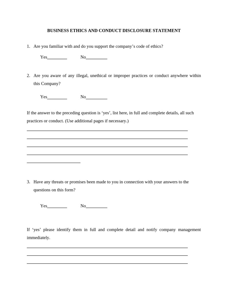 Business Ethics and Conduct Disclosure Statement | PDF