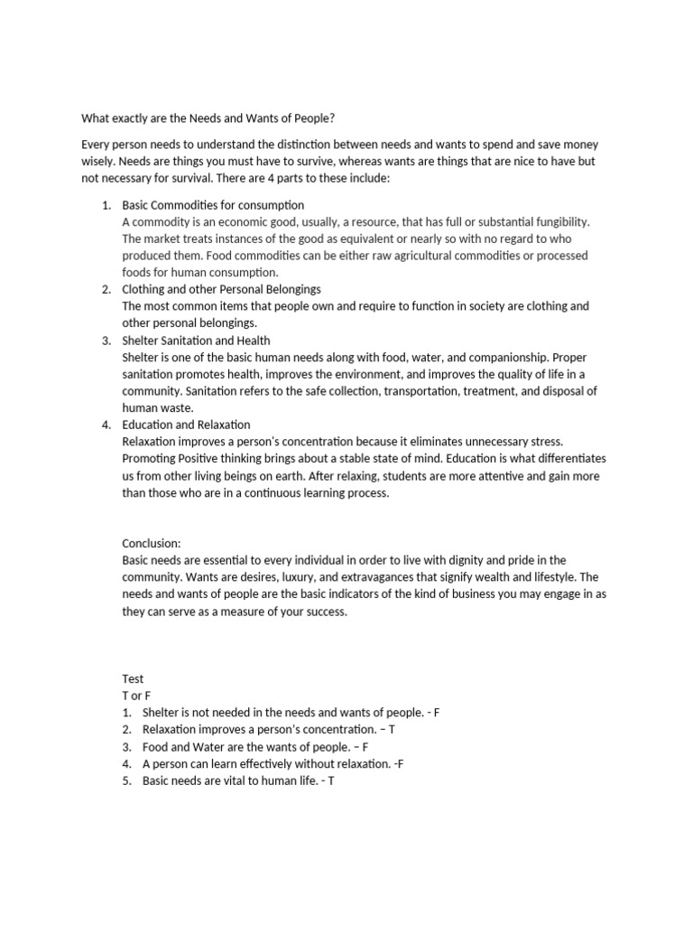 What exactly are the Needs and Wants of People TLE 1 | PDF