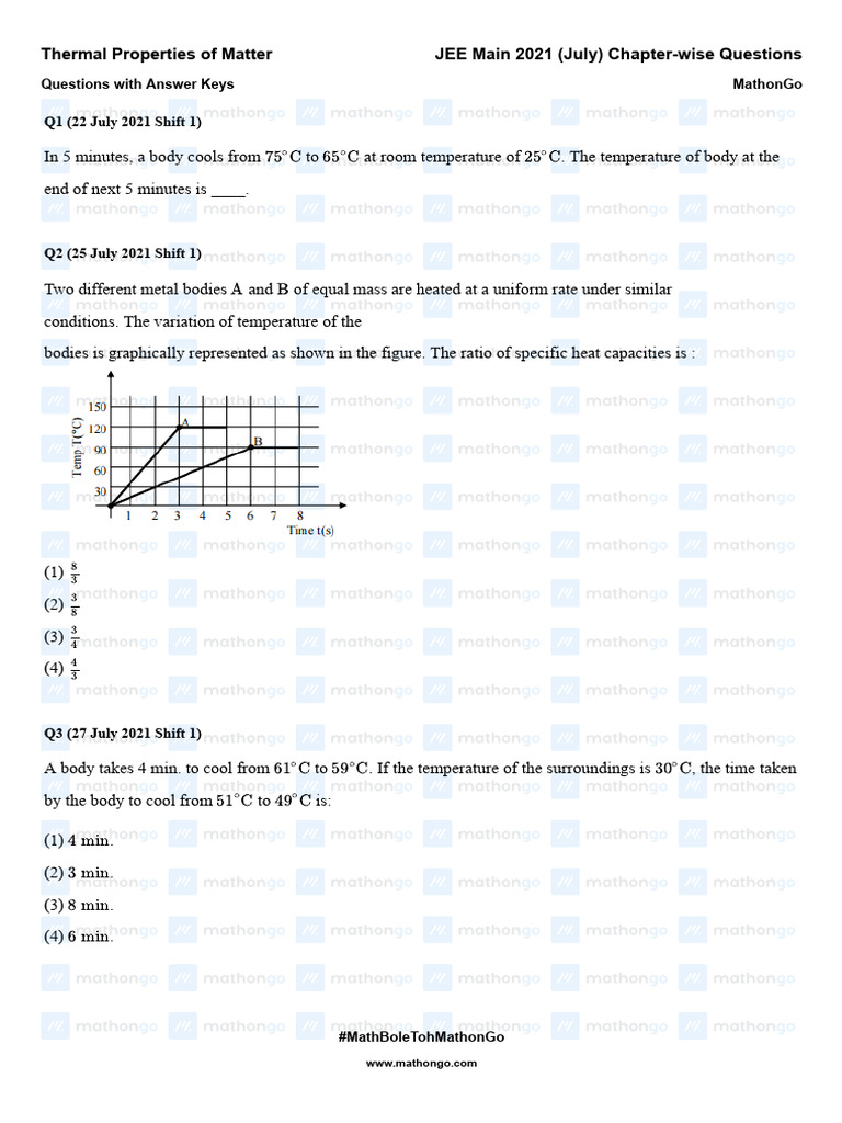 Thermal Properties of Matter - JEE Main 2021 July Chapter-wise ...