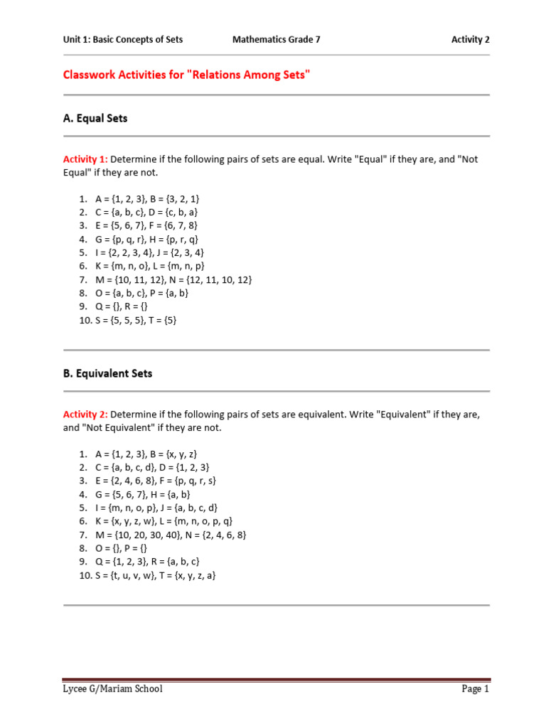 Grade 7 Unit 1 Mathematics Activity 2 | PDF | Mathematics ...