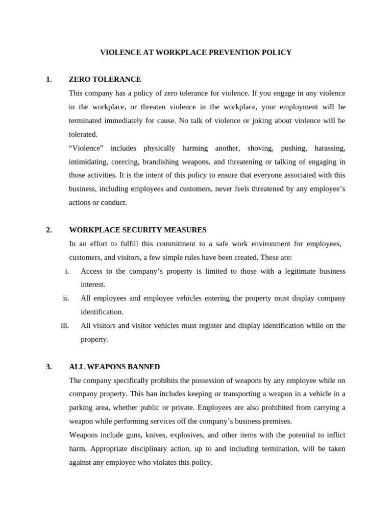 Workplace Violence Prevention Policy | PDF