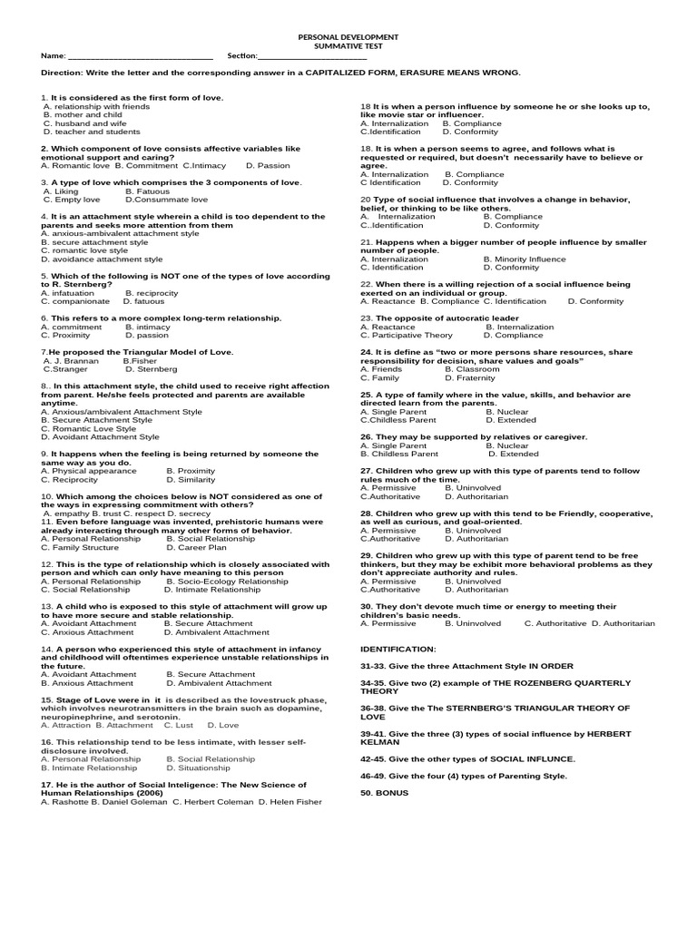 Personal Development Test on Love and Relationships | PDF | Attachment ...