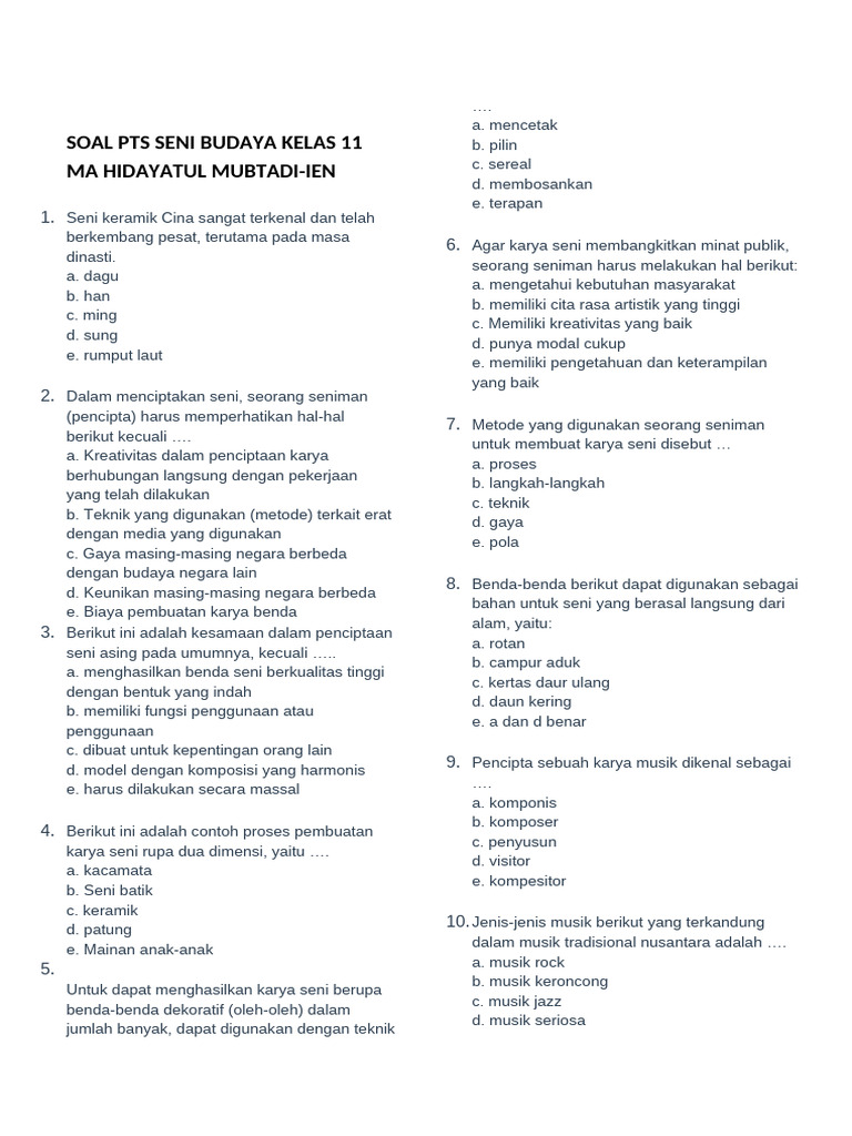 SOAL PTS SENI BUDAYA KELAS 11 | PDF