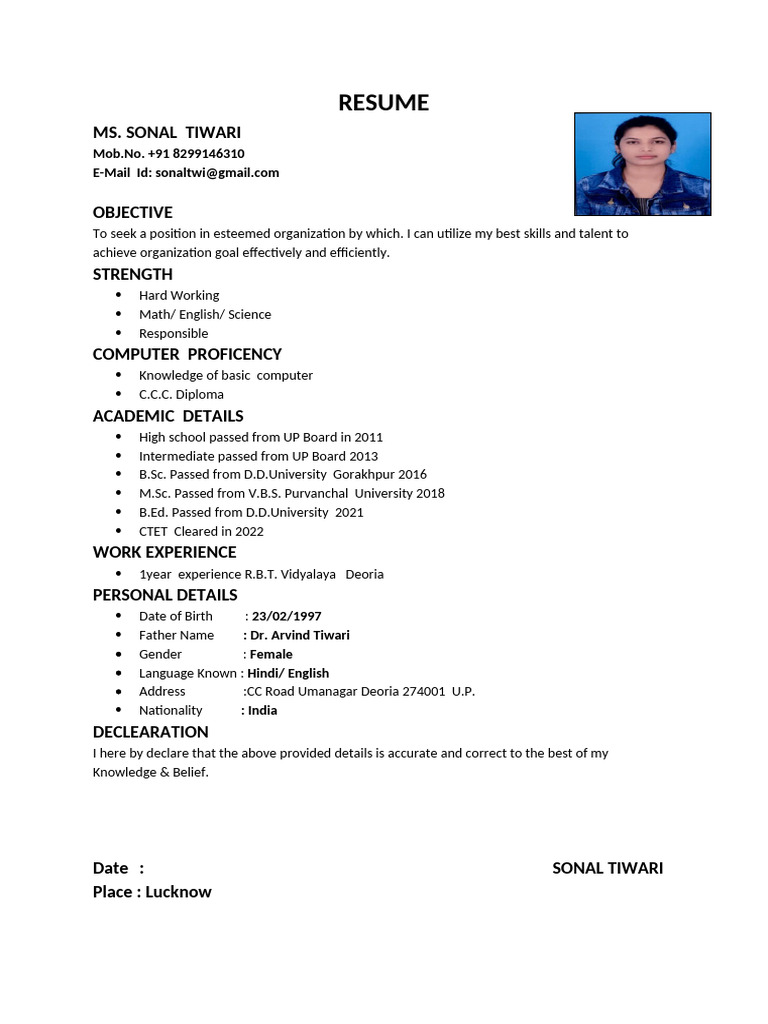 Sonal Tiwari Resume: Education & Experience | PDF