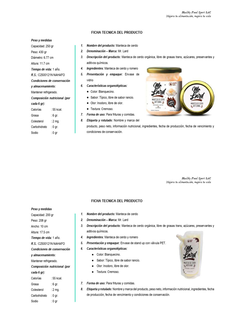 Fichas Tecnicas MR. LARD | PDF | Manteca de cerdo | Etiqueta de ...