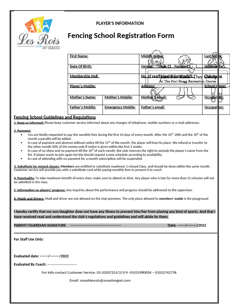 Fencing School Registration Form | PDF
