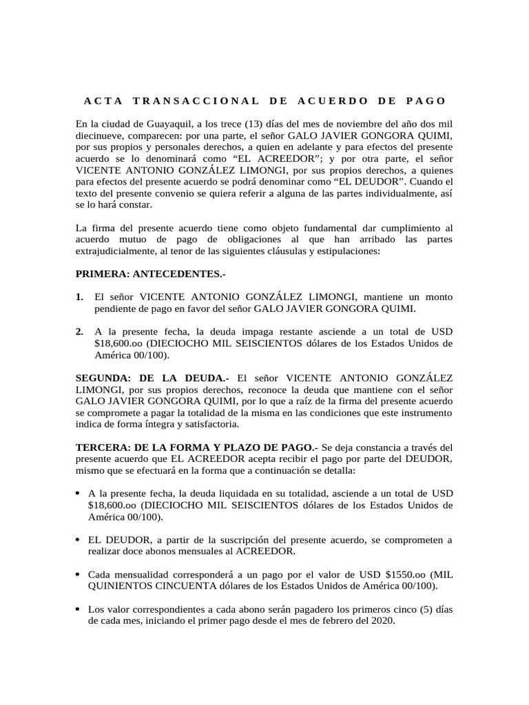 Acta Transaccional | PDF | Pagos