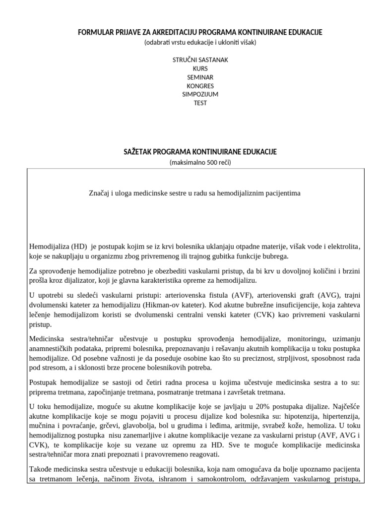 Formular Prijave Za Akreditaciju Programa Kontinuirane Edukacije - 1 | PDF