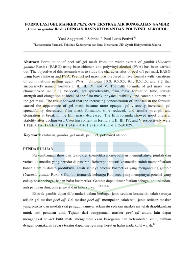 formulasi gel masker peel off ekstrak air bongkahan gambir dengan basis kitosan dan polivinil ...