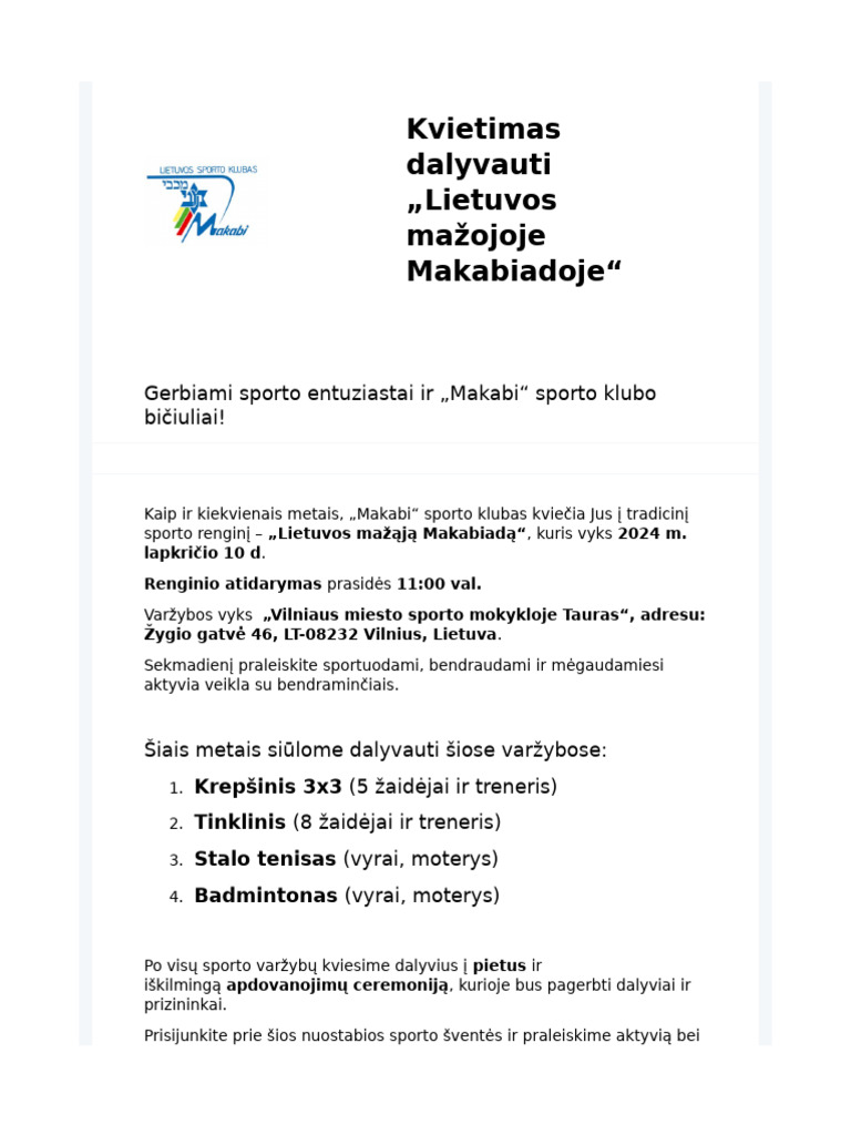 Kvietimas Dalyvauti Macabi | PDF