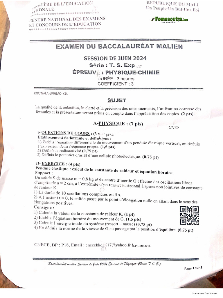 Sujet PC Bac 2024 Mali | PDF