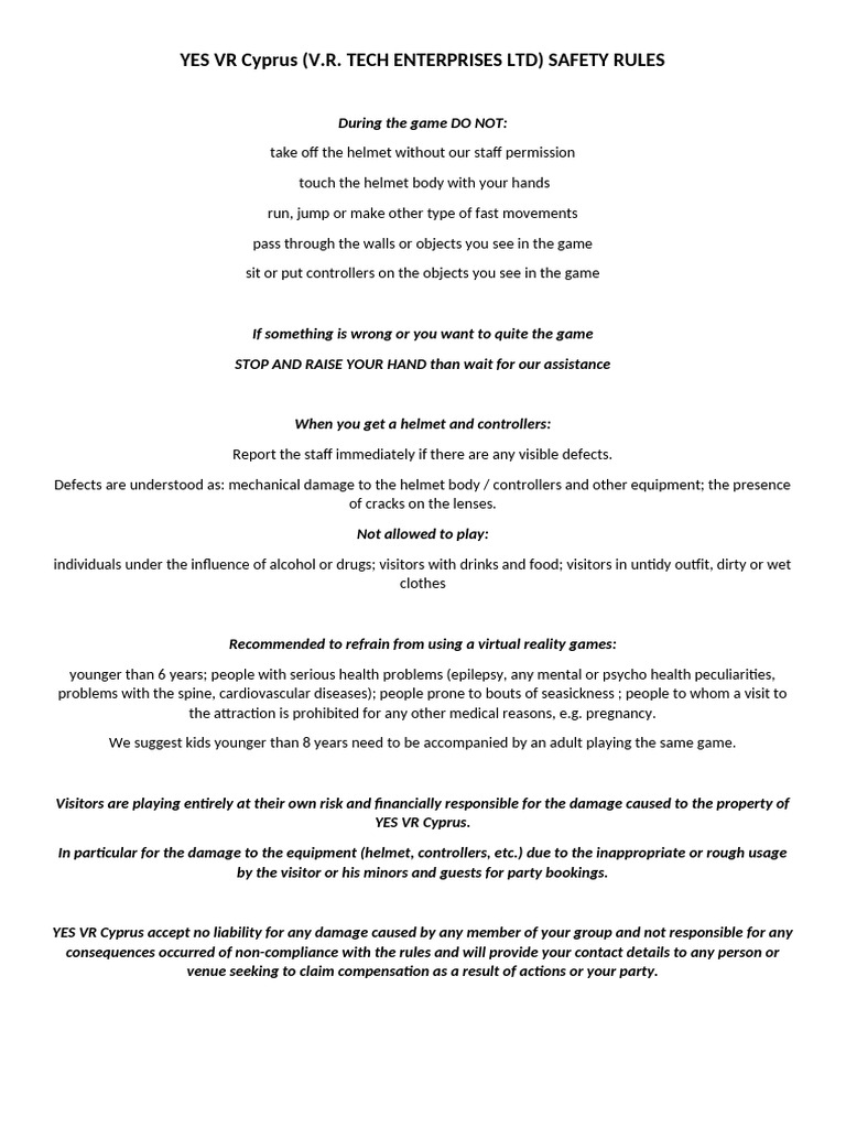 YES VR Cyprus SAFETY RULES | PDF | Virtual Reality | Clinical Medicine
