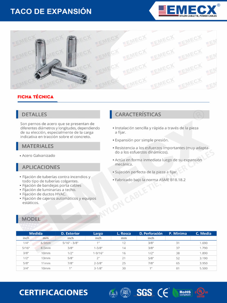 Ficha Tecnica Taco de Expansion | PDF