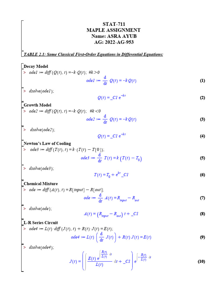 maple last assignm | PDF | Ordinary Differential Equation | Derivative