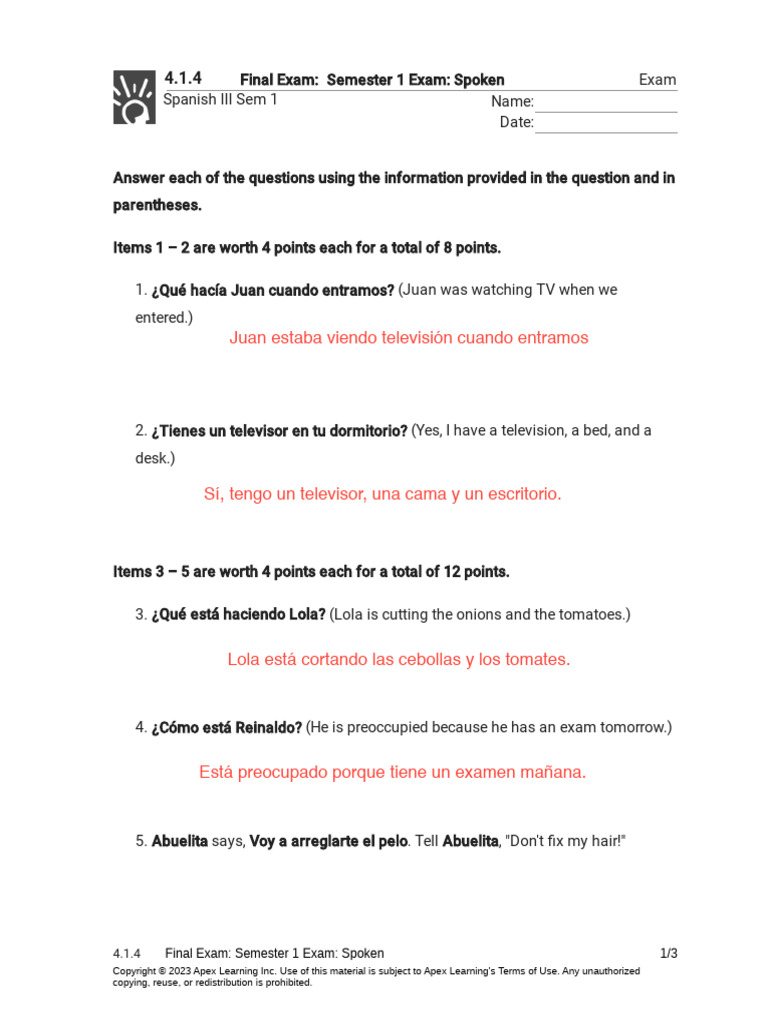 Semester 1 Spoken Exam Overview | PDF