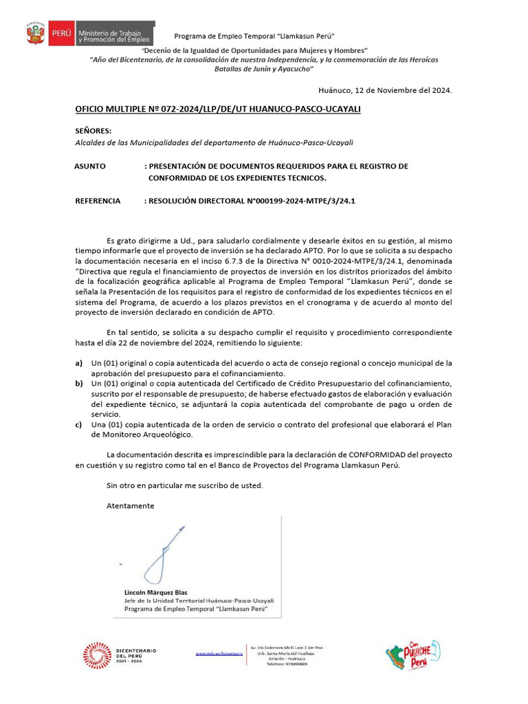 OFICIO MULTIPLE #072-2024 Requisitos Proyectos Elegibles | PDF | Presupuesto | Perú