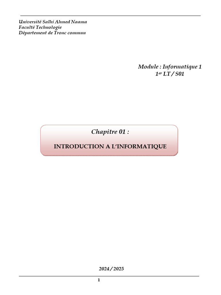 Chapitre 1 - Introduction À L'informatique | PDF | Système d'exploitation | Mémoire (informatique)